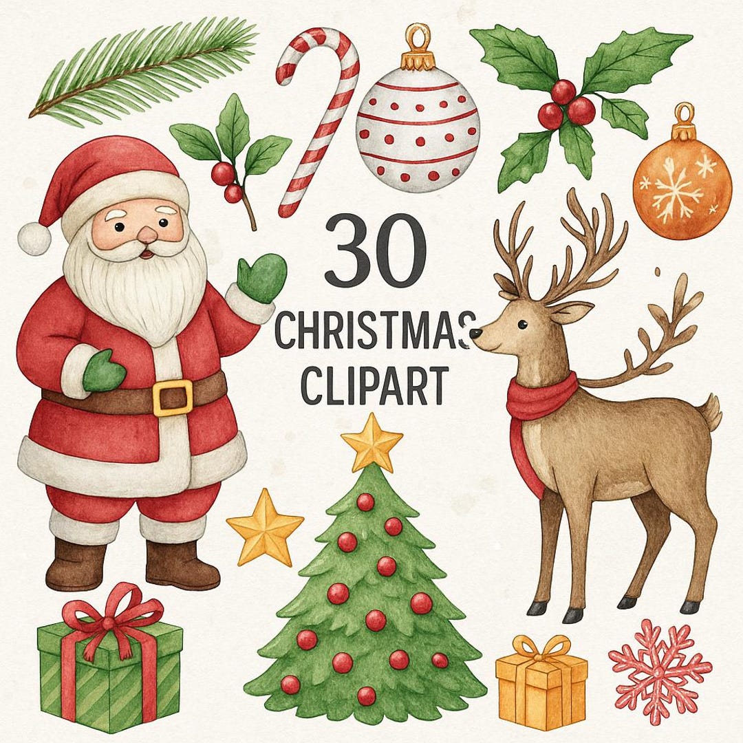 Christmas Clipart Bundle | 30 PNG Illustrations | Santa, Reindeer, Tree ...