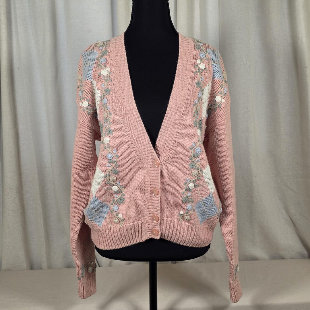 Vintage Ninon De Lenclos Pink Embroidered Argyle Cardigan Floral ...