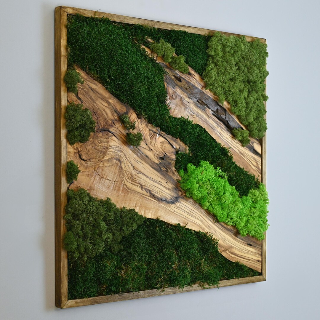 Moss and Olive Wood Wall Art, Handmade Preserved Green Wall Panel ...
