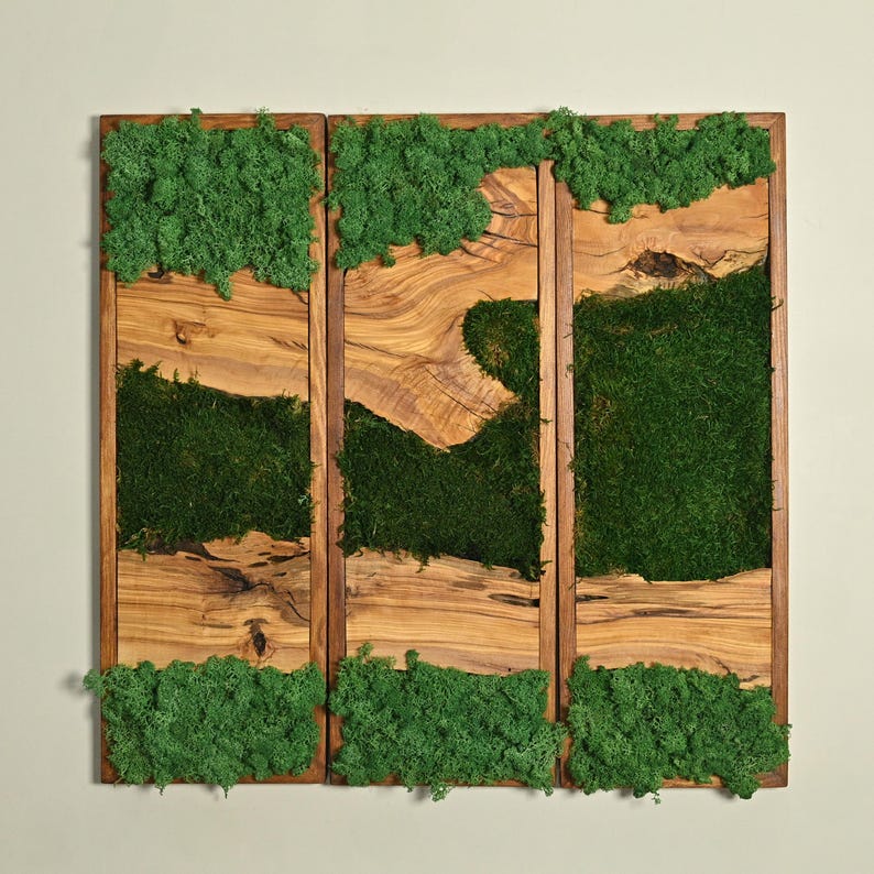 Large Moss and Olive Wood Art | Panel Vertical Triptych Handmade ...