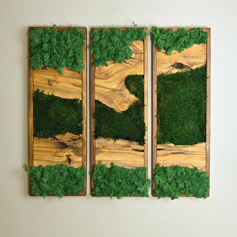 Large Moss and Olive Wood Art | Panel Vertical Triptych Handmade ...