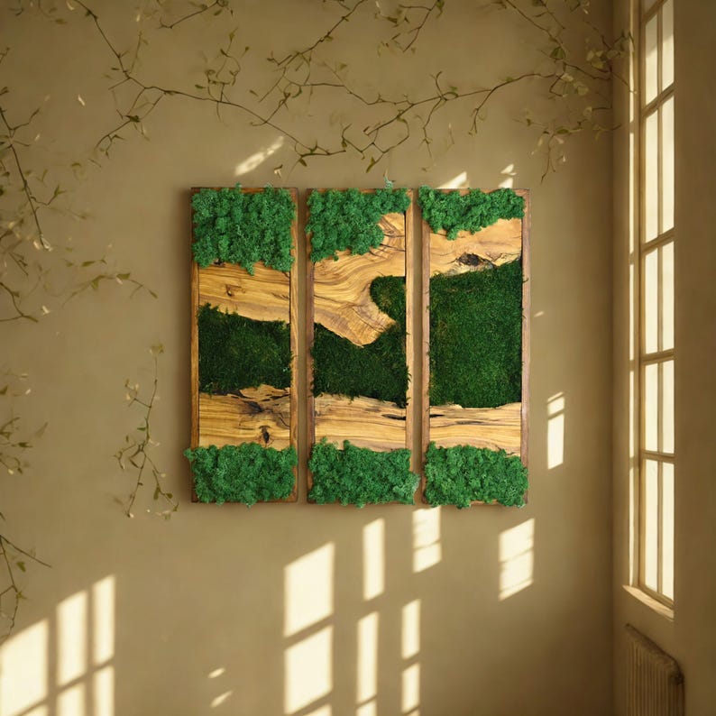 Large Moss and Olive Wood Art | Panel Vertical Triptych Handmade ...