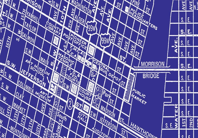 Portland Oregon Street Map Vintage Blueprint Print Poster - Etsy