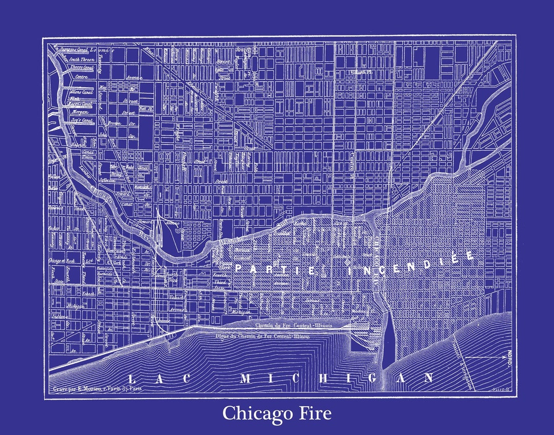 Chicago Fire Street Map Vintage Print Poster - Blueprint Blue - Etsy