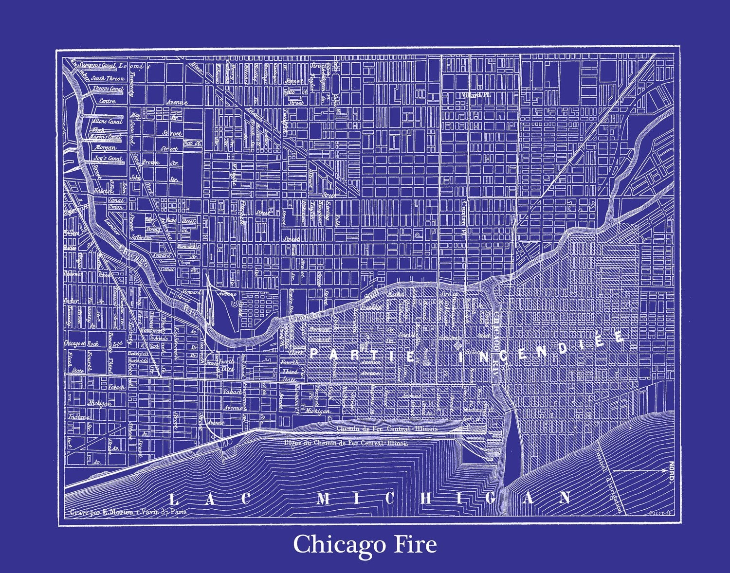 Chicago Fire Street Map Vintage Print Poster Blueprint Blue - Etsy