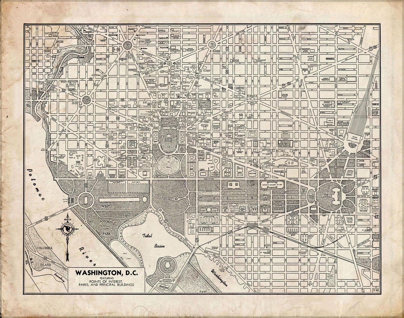 Washington DC Map - Street Map - Vintage - Grunge - Print - Poster - Etsy