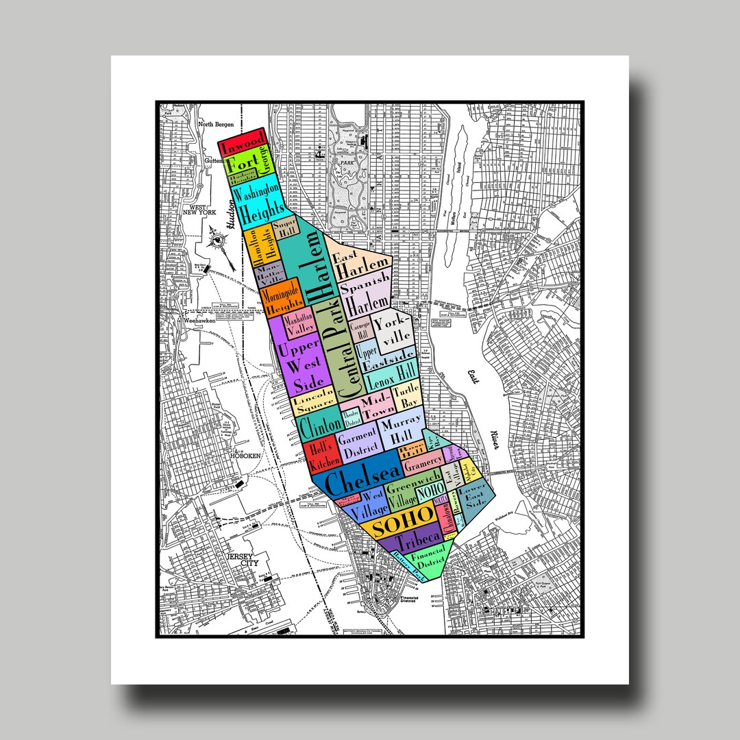 New York - Map - Manhattan - Multi Color - Neighborhood Map - Print ...
