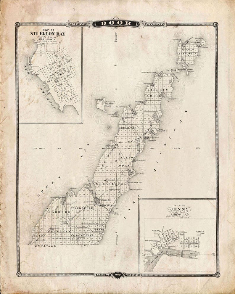Door County Wisconsin Map Print Poster Sturgeon Bay - Grunge - Etsy