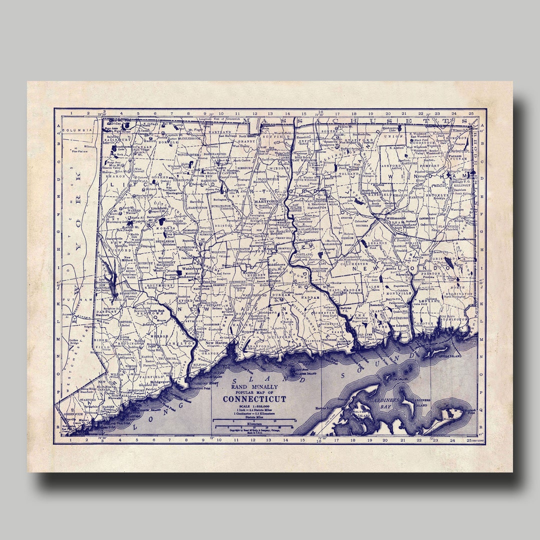 Connecticut - Map - State Map - Vintage - Blueprint - Print Poster - Etsy