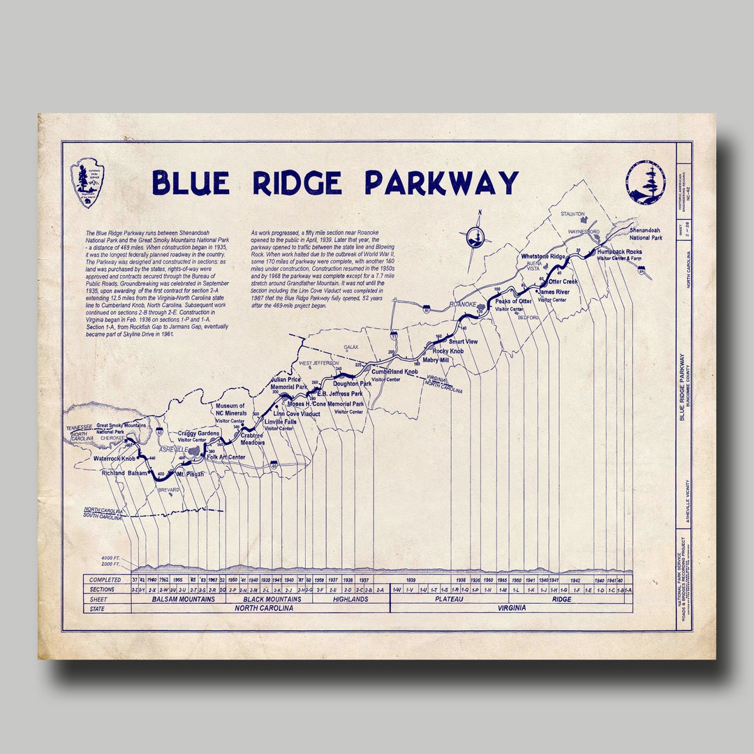 Blue Ridge Parkway - Mountains - Blueprint - Vintage - Highway - Map ...