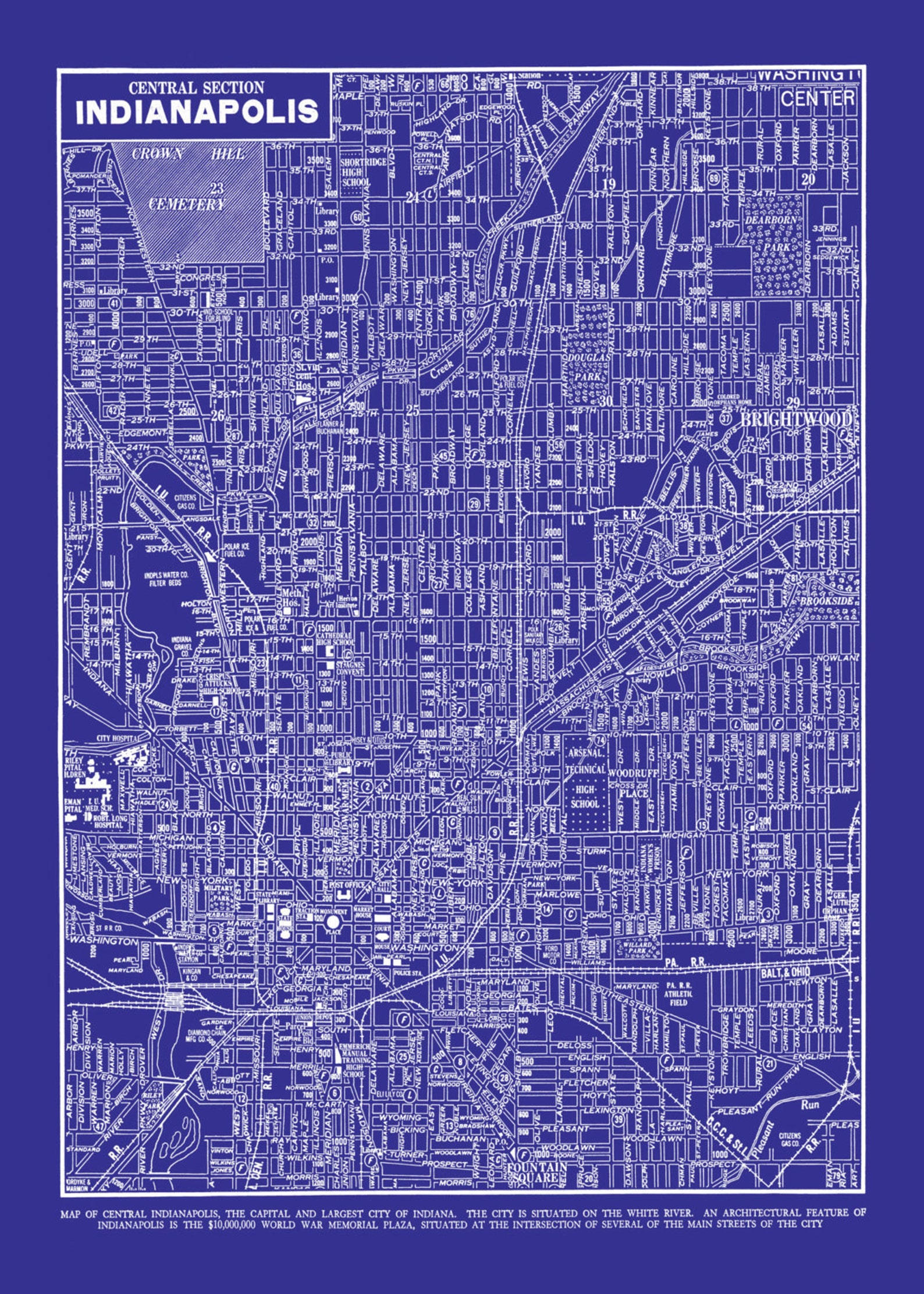 1944 Indianapolis Street Map Vintage Blueprint Print Poster | Etsy