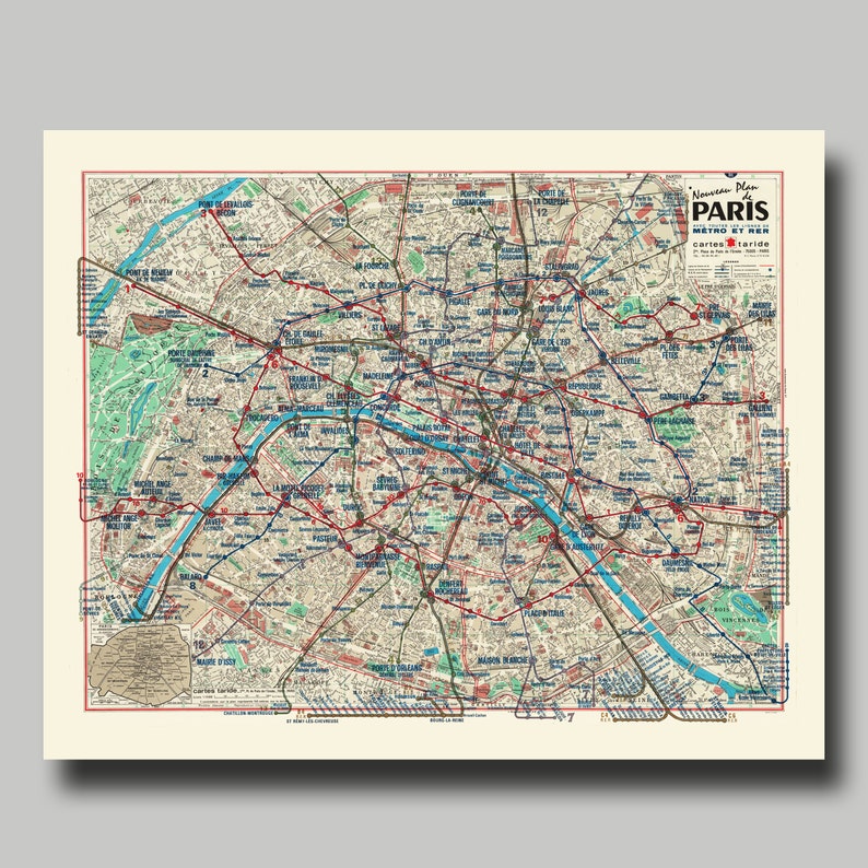 Paris Map Metro Map RER Lines Street Map Print - Etsy