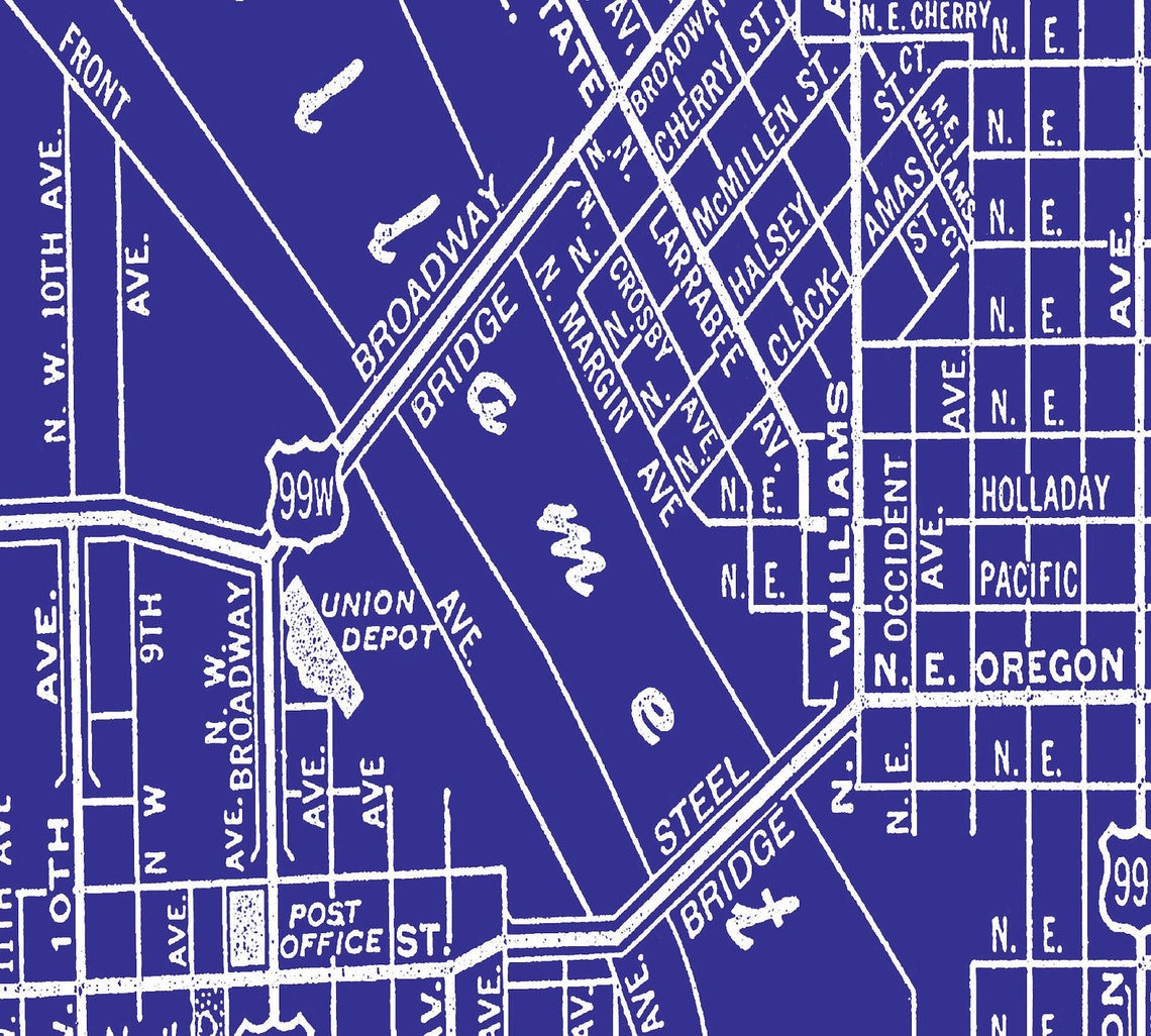 Portland Oregon Street Map Vintage Blueprint Print Poster - Etsy