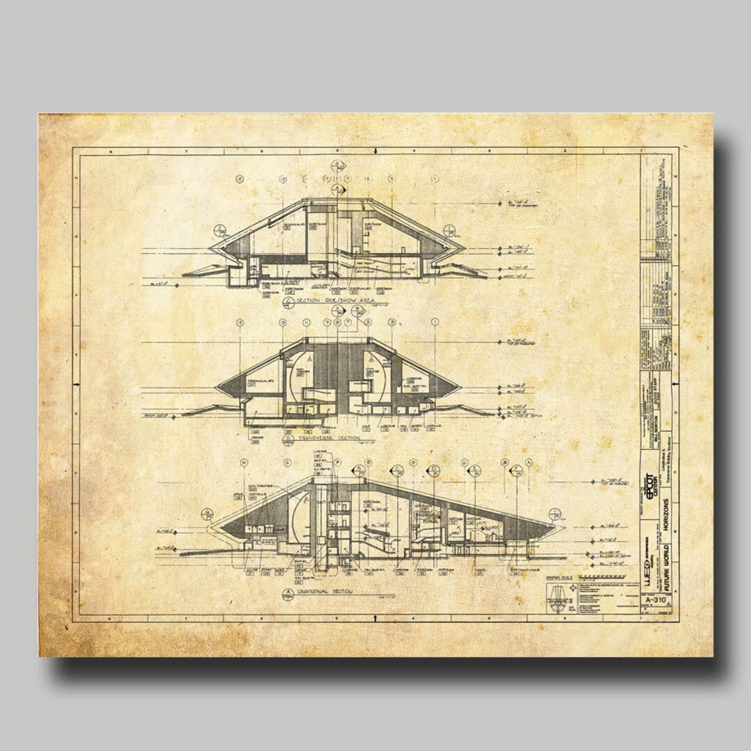 Disney World - Epcot - Blueprint - Vintage - Sepia - Black Ink - Print ...
