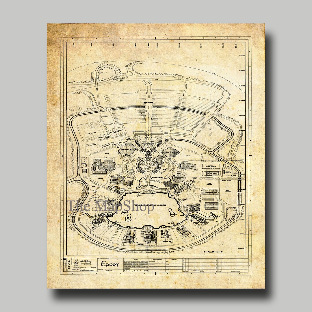 Disney World - Epcot - Blueprint - Map - Vintage - Sepia - Black Ink ...