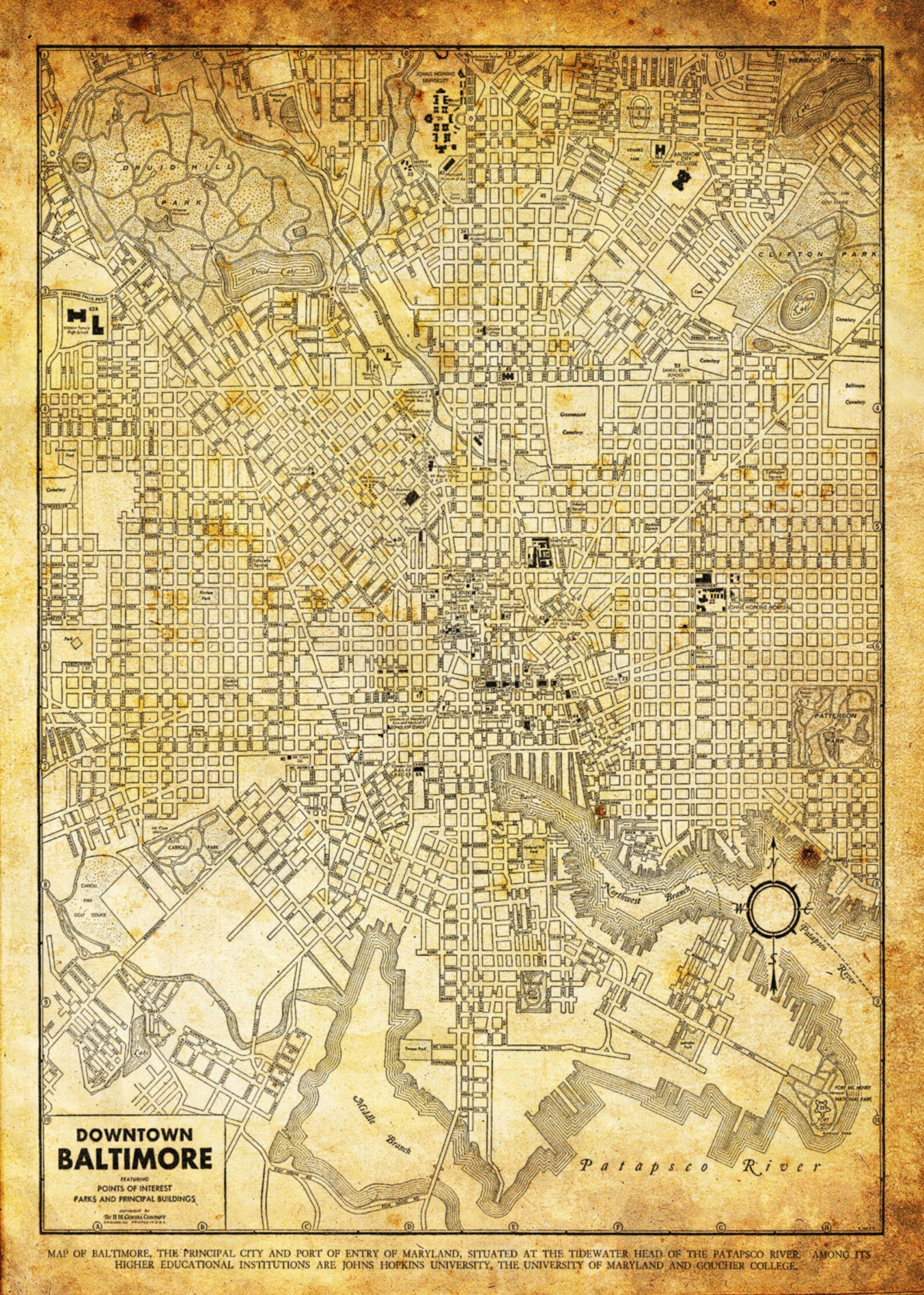 1944 Baltimore Maryland City Street Map Vintage Sepia Grunge Print ...