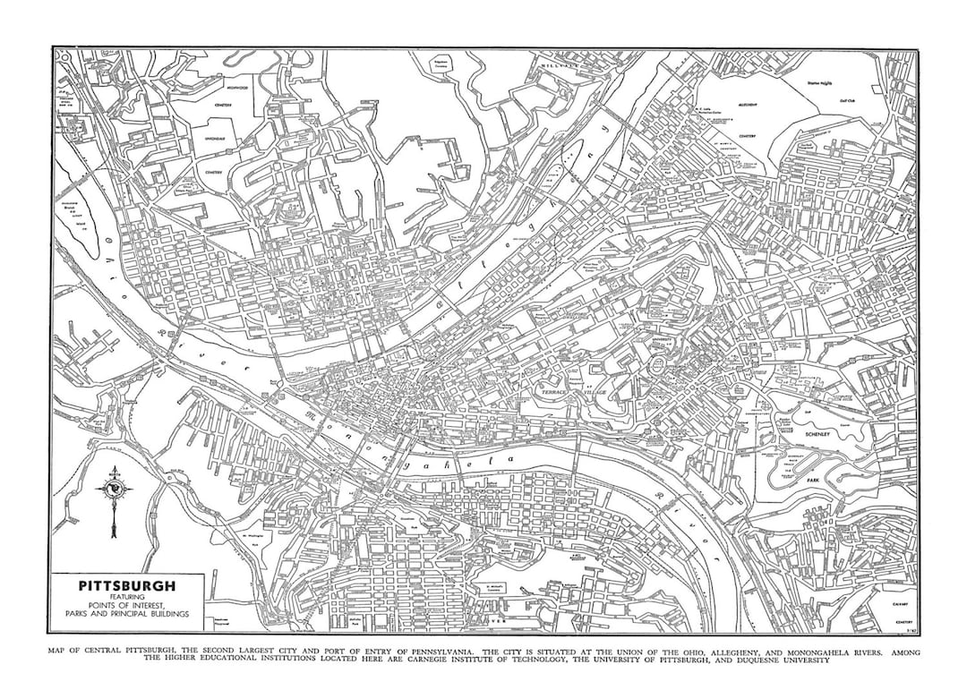 Pittsburgh Map - Street Map Vintage Print Poster - Etsy