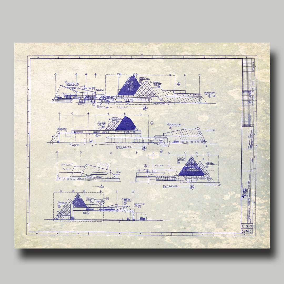 Disney World - Epcot - Blueprint - Vintage - Gray - Blue Ink - Print ...