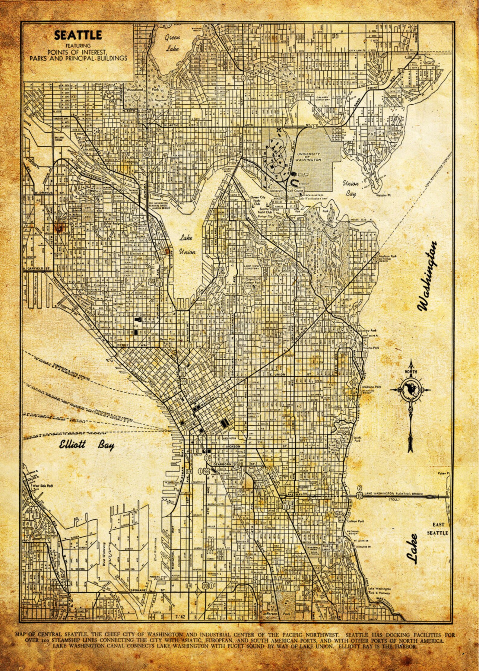Seattle Map City Street Map Vintage Sepia Grunge Print Poster - Etsy