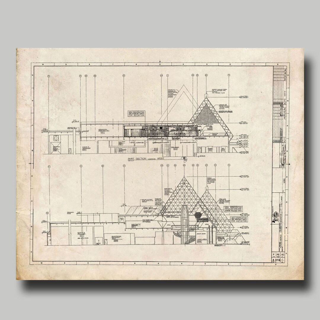 Disney World - Epcot - Blueprint - Vintage - Grunge - Black Ink - Print ...