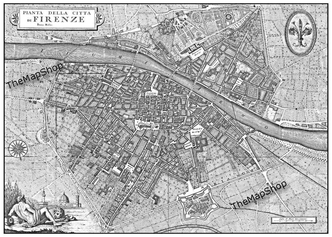 Florence Italy Street Map Black and White Vintage - Etsy