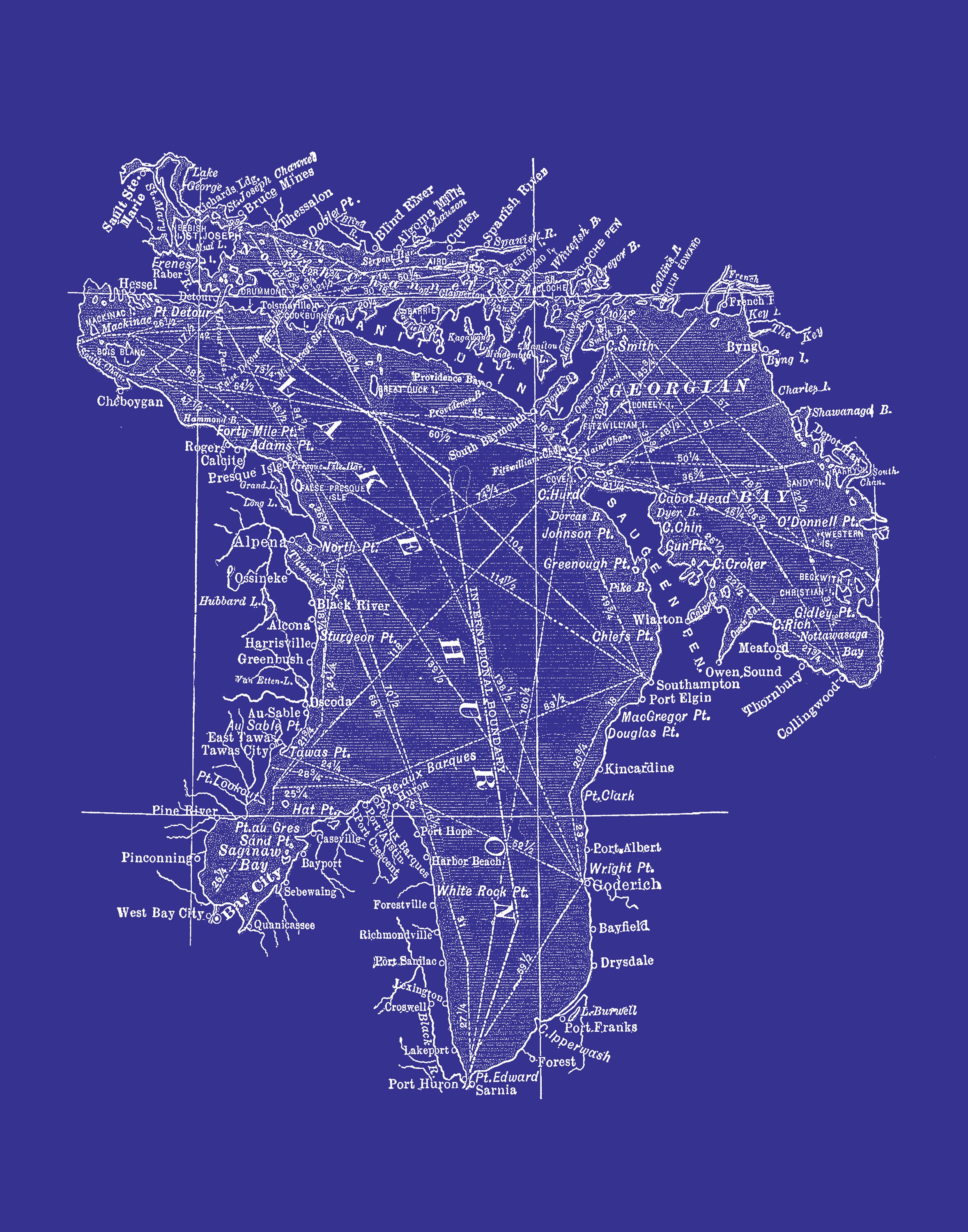 Lake Huron Map Blueprint Map Poster Print Great Lakes | Etsy