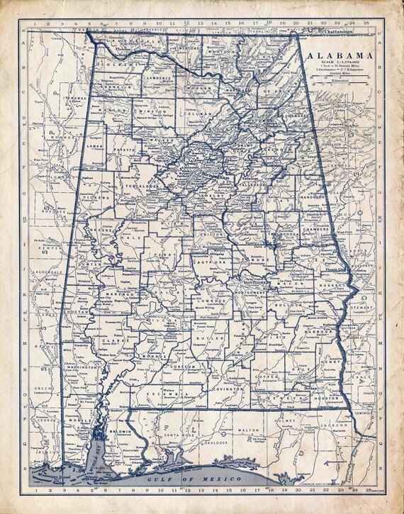 Alabama Map State Map Vintage Blueprint Grunge Print | Etsy