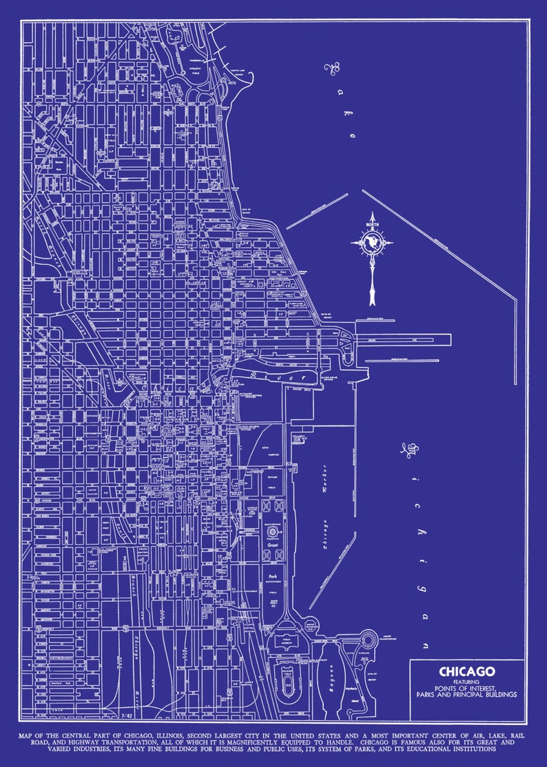 Chicago Street Map Vintage Blueprint Print Poster - Etsy