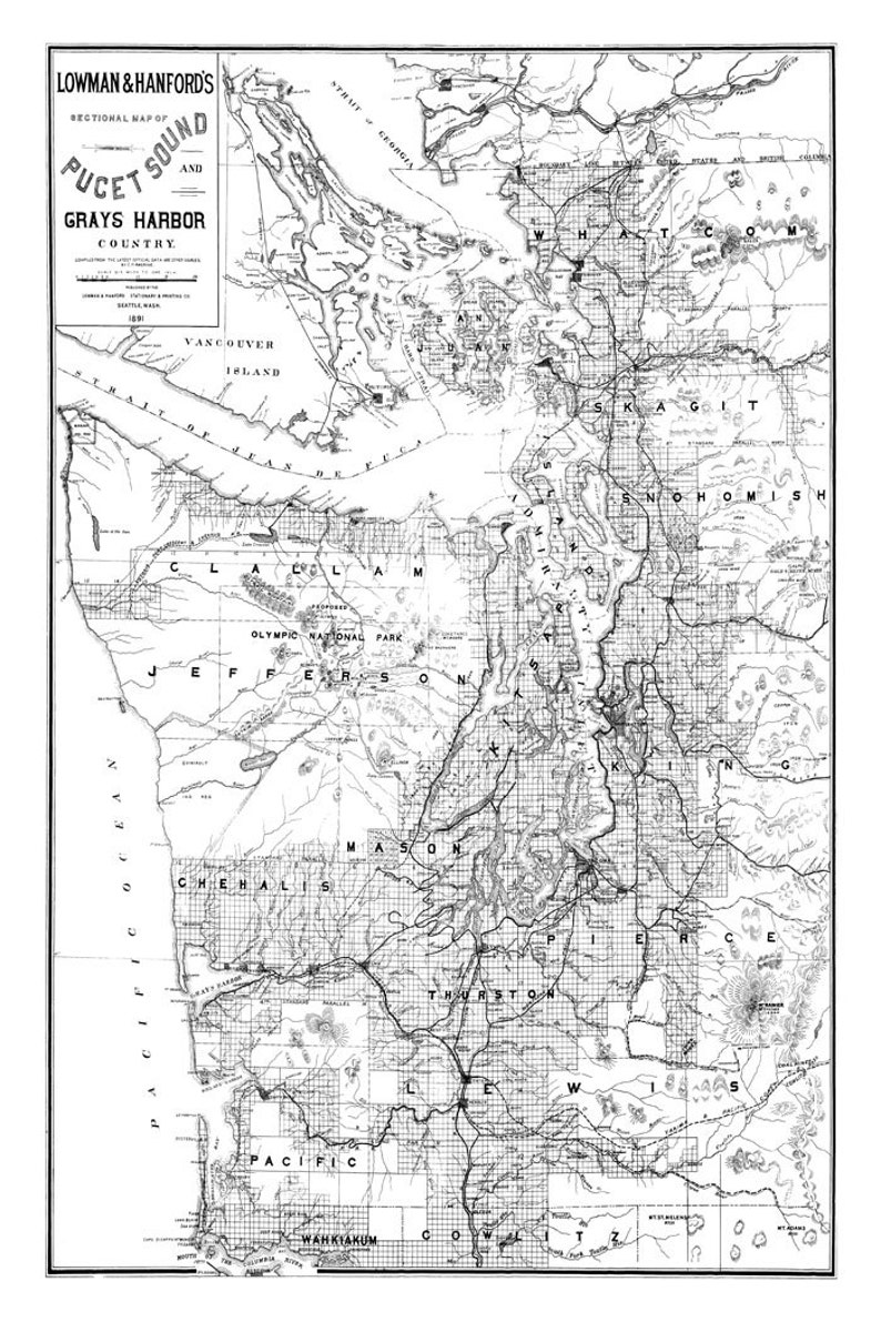 Puget Sound Map Vintage Print Poster Etsy