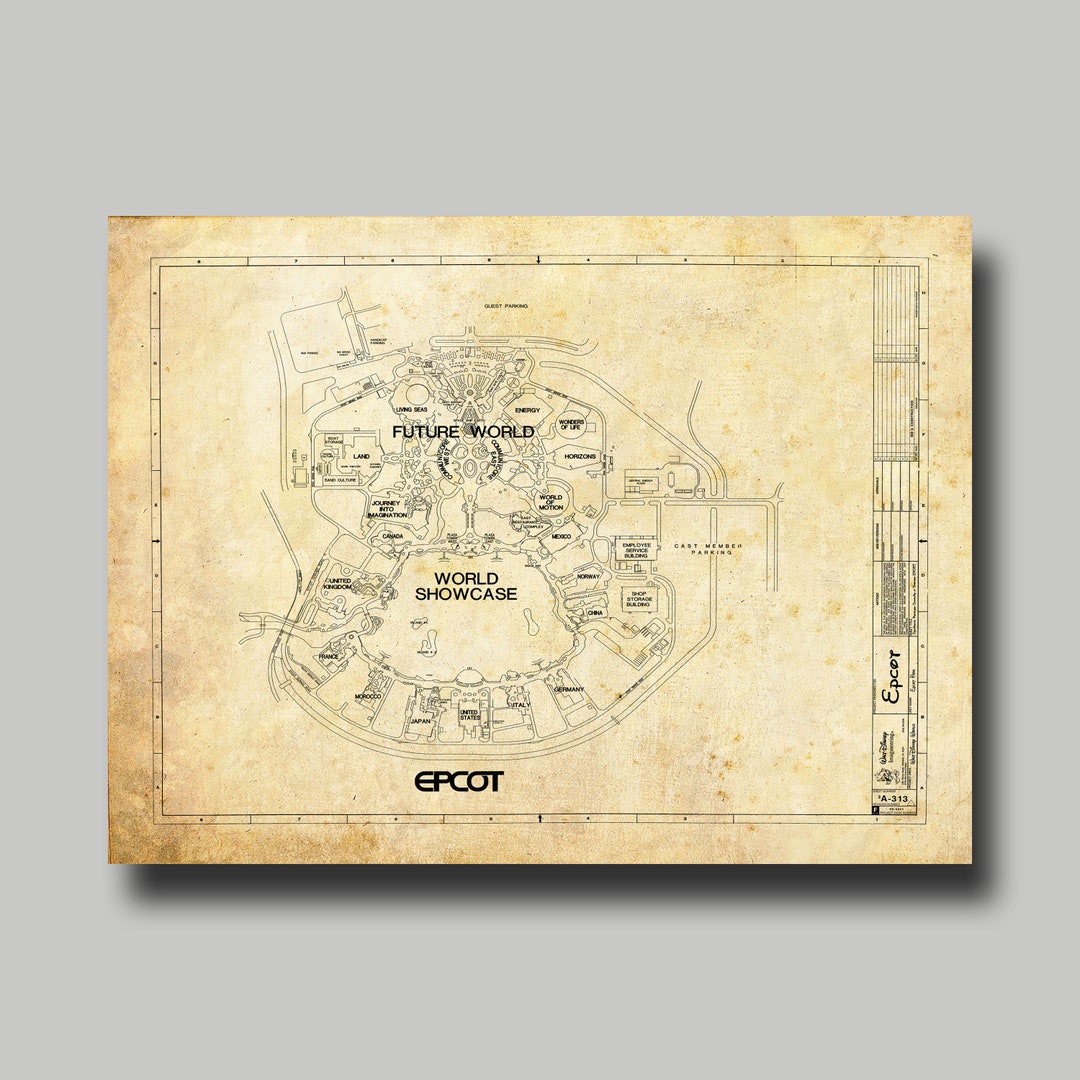 Disney World - Epcot - Blueprint - Map - Vintage - Sepia - Black Ink ...