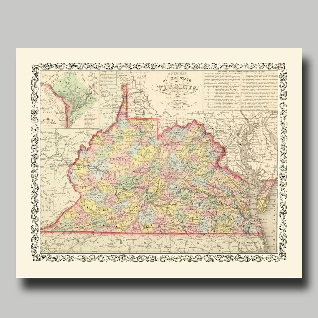 Virginia - Map - 1859 - Map of Virginia - Vintage - Print - Poster - Etsy