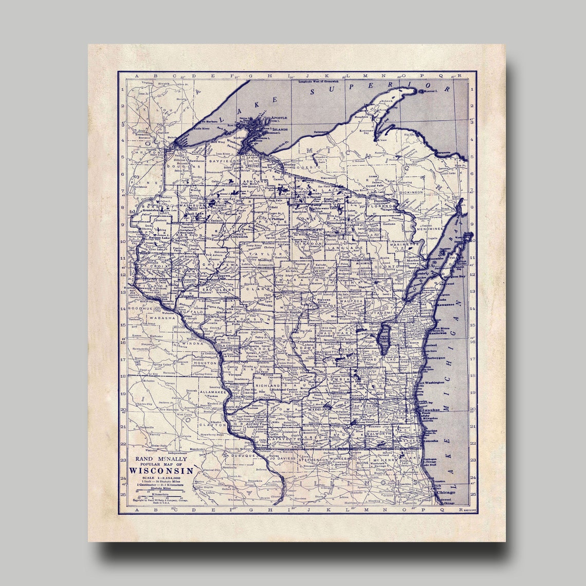 Wisconsin Map Vintage Print Poster Blueprint - Etsy