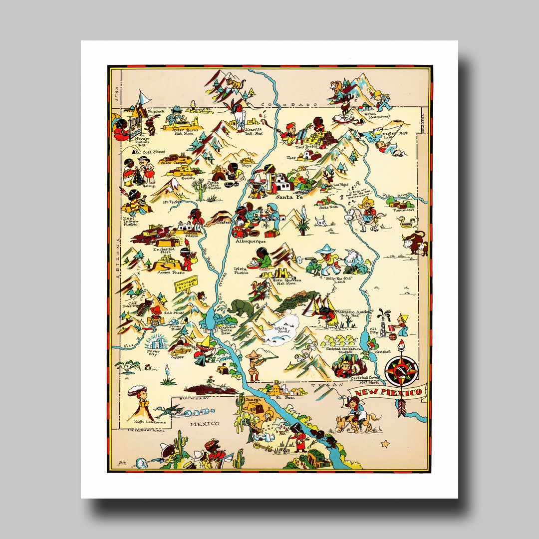 New Mexico - Map - Vintage - Print - Poster - Cartoon - Panoramic ...