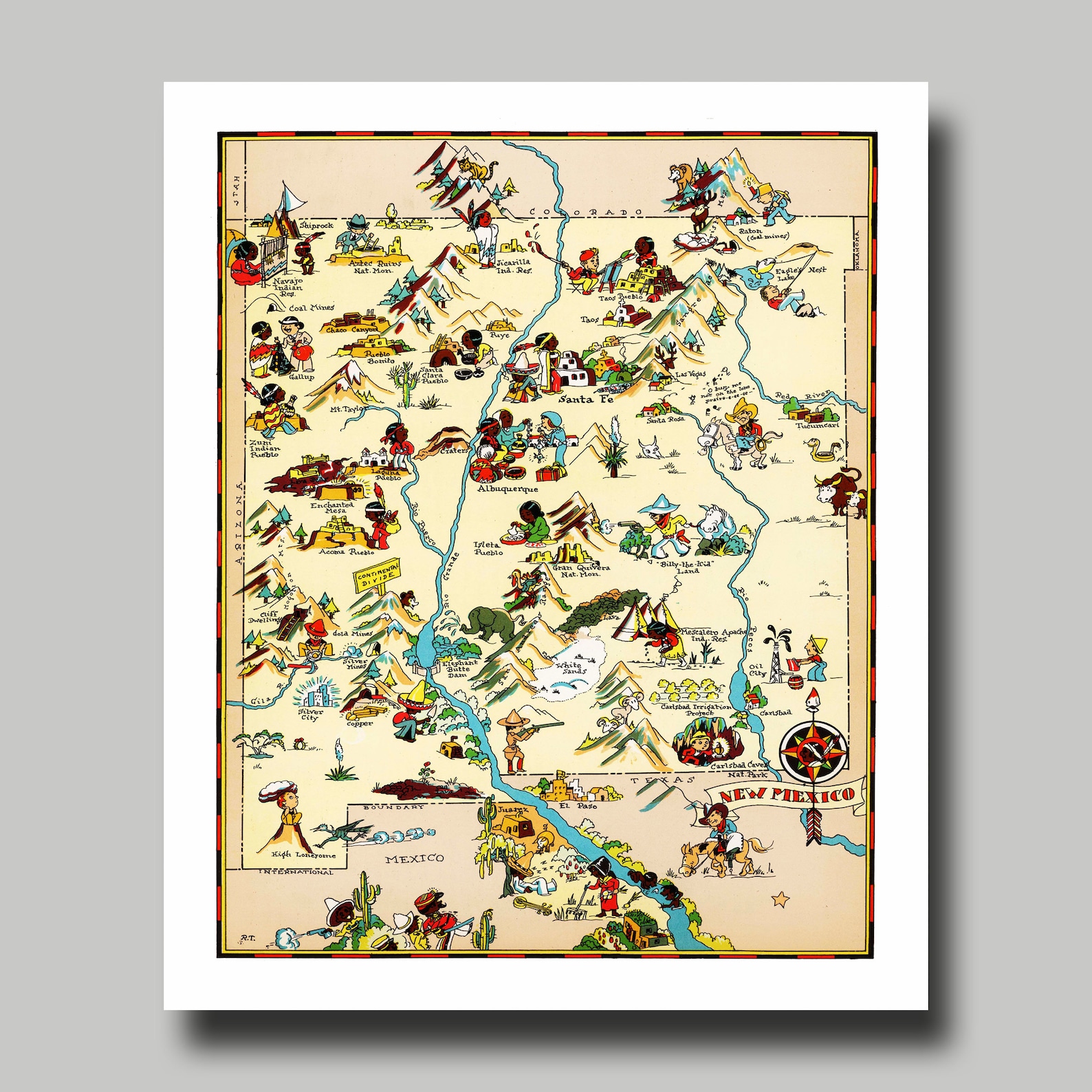 New Mexico Map Vintage Print Poster Cartoon - Etsy