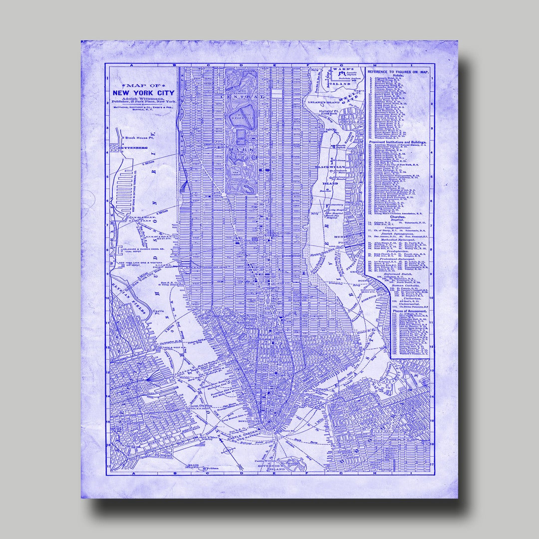 New York - Map - Manhattan - Blueprint - Vintage - Print - Poster - Etsy