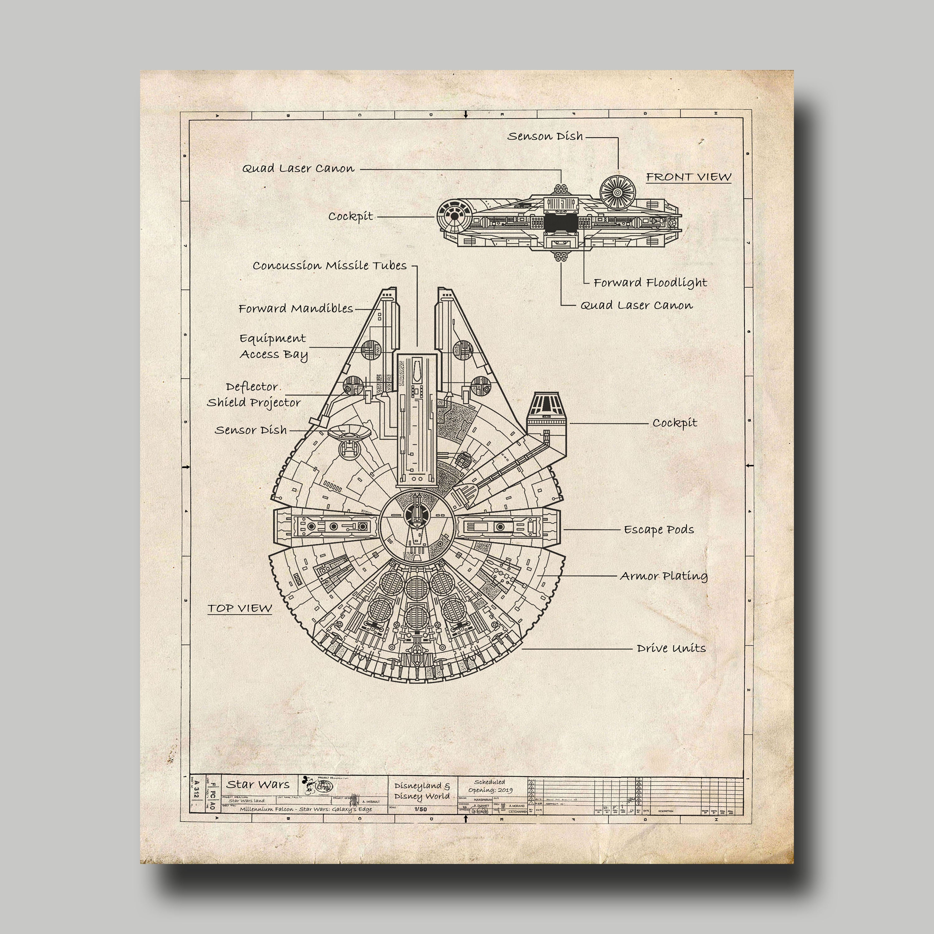 Millennium Falcon Blueprint Poster