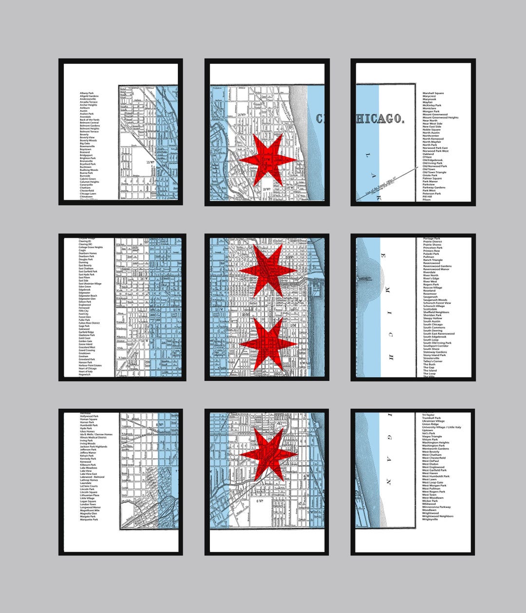 Chicago Map - Flag - Vintage Street Map - 9 Panel Section Map - Chicago ...