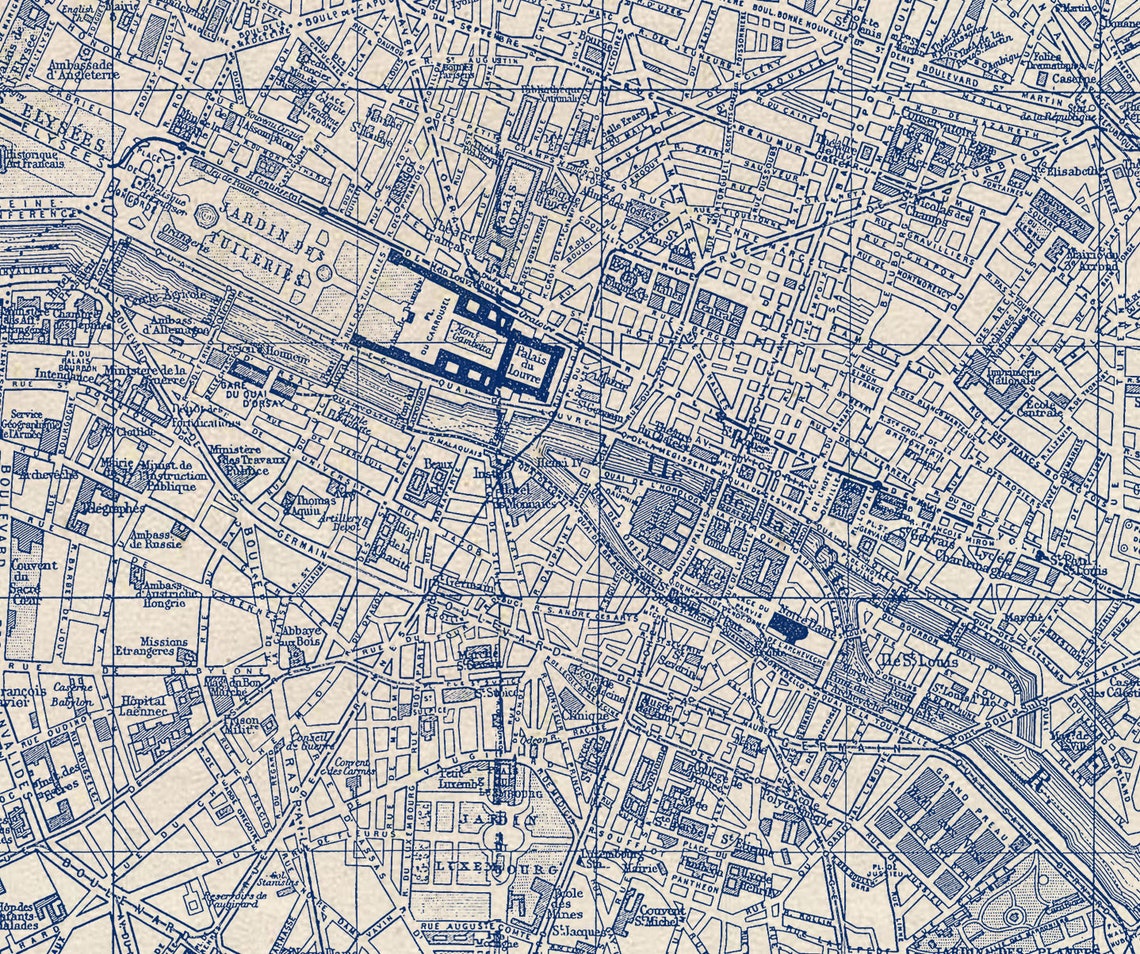Paris - Map - Street Map - Blue - Blueprint - Poster - Print - Etsy