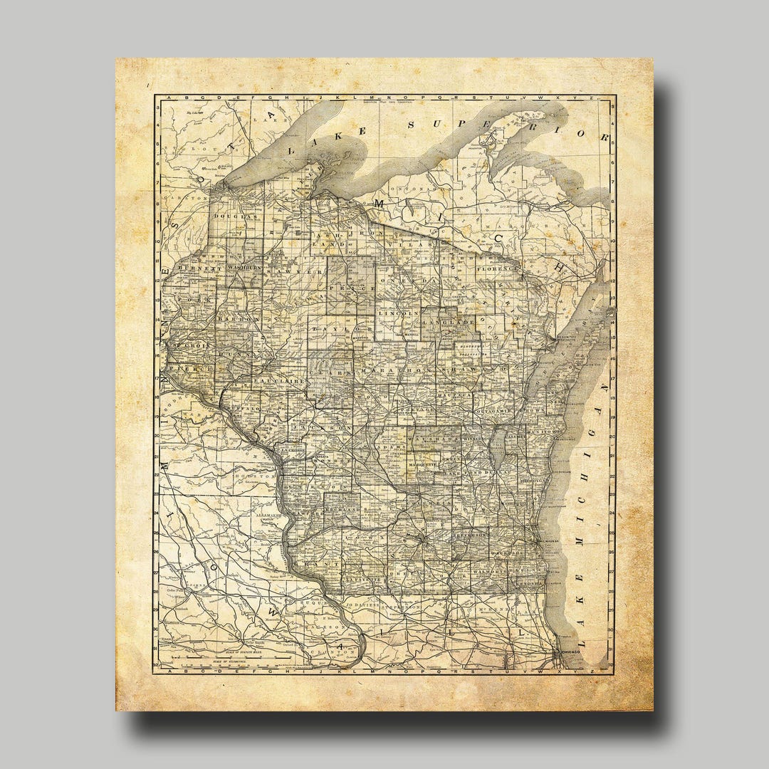 Wisconsin State Map Vintage Print Poster Grunge - Etsy