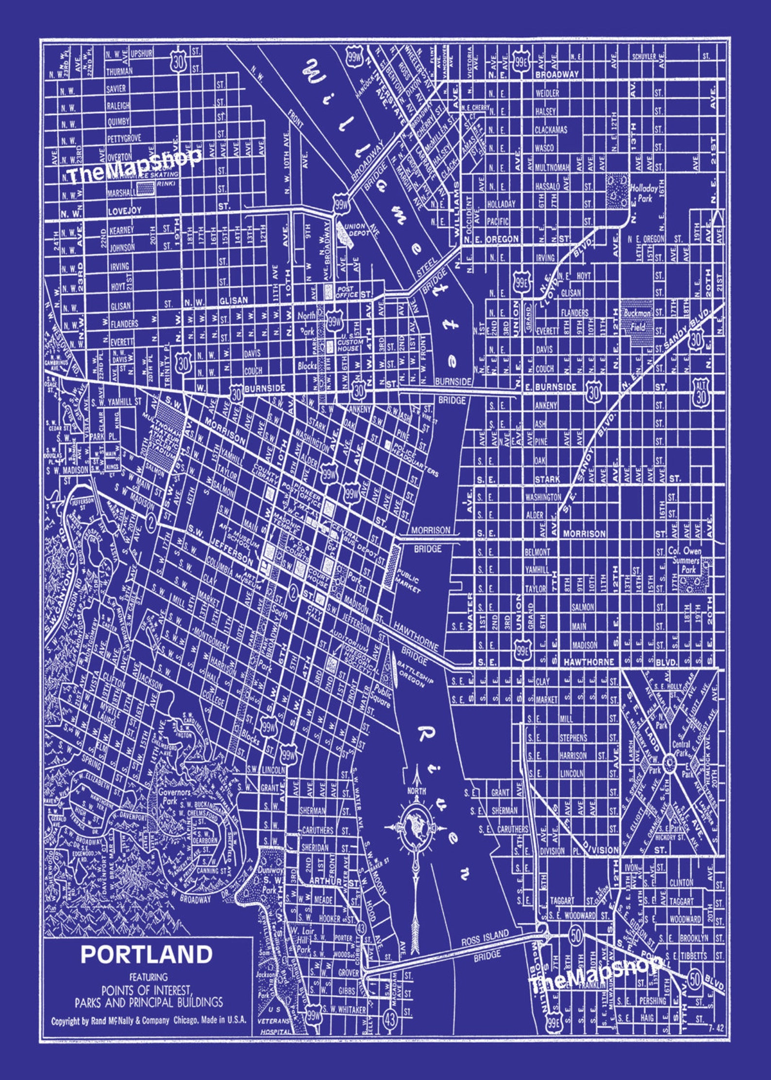 Portland Oregon Street Map Vintage Blueprint Print Poster - Etsy