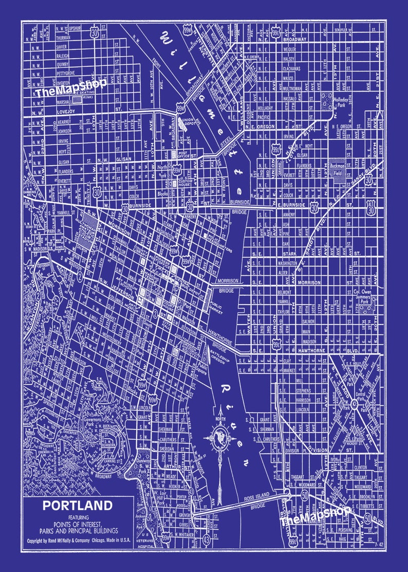 Portland Oregon Street Map Vintage Blueprint Print Poster - Etsy