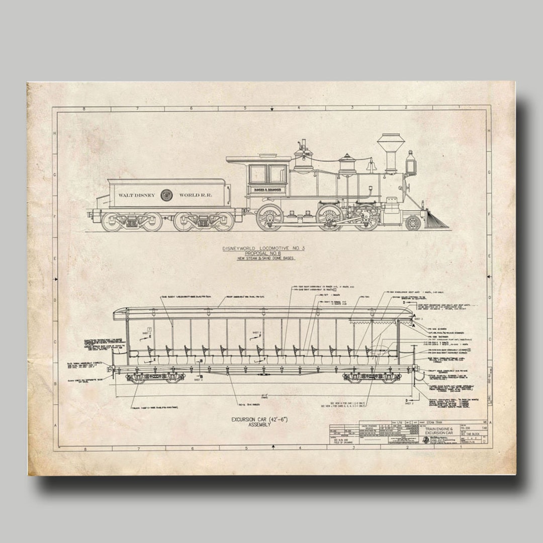 Disney World Train Blueprint Disney Fantasyland Black Ink Grunge Print ...