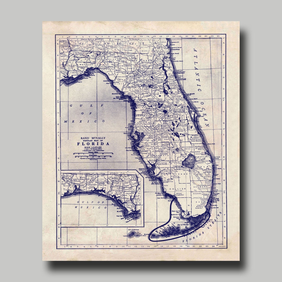 Florida - Map - State Map - Vintage - Blueprint - Print - Poster - Etsy