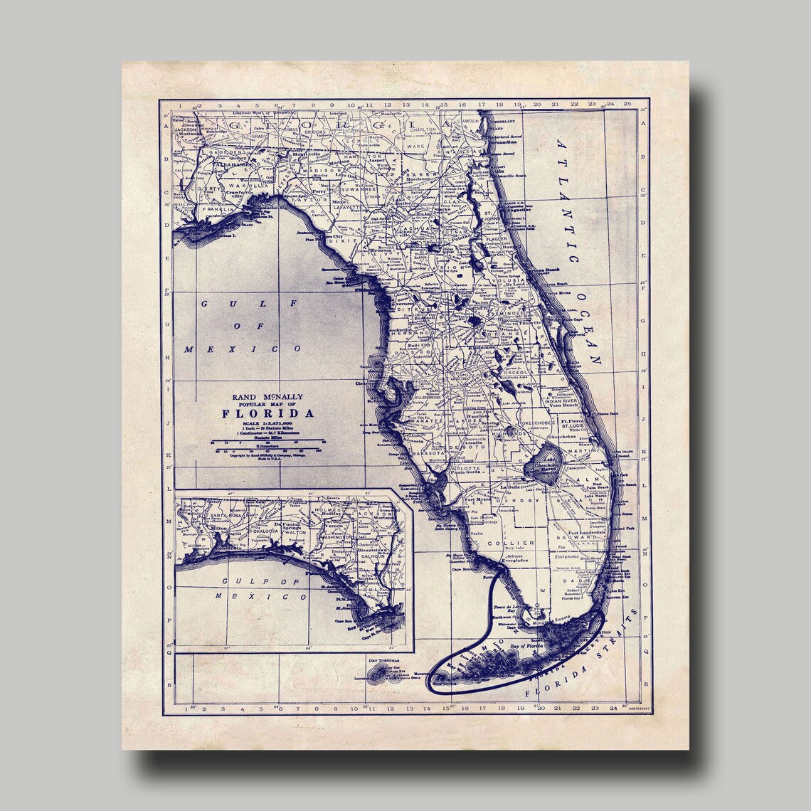 Florida Map State Map Vintage Blueprint Print - Etsy