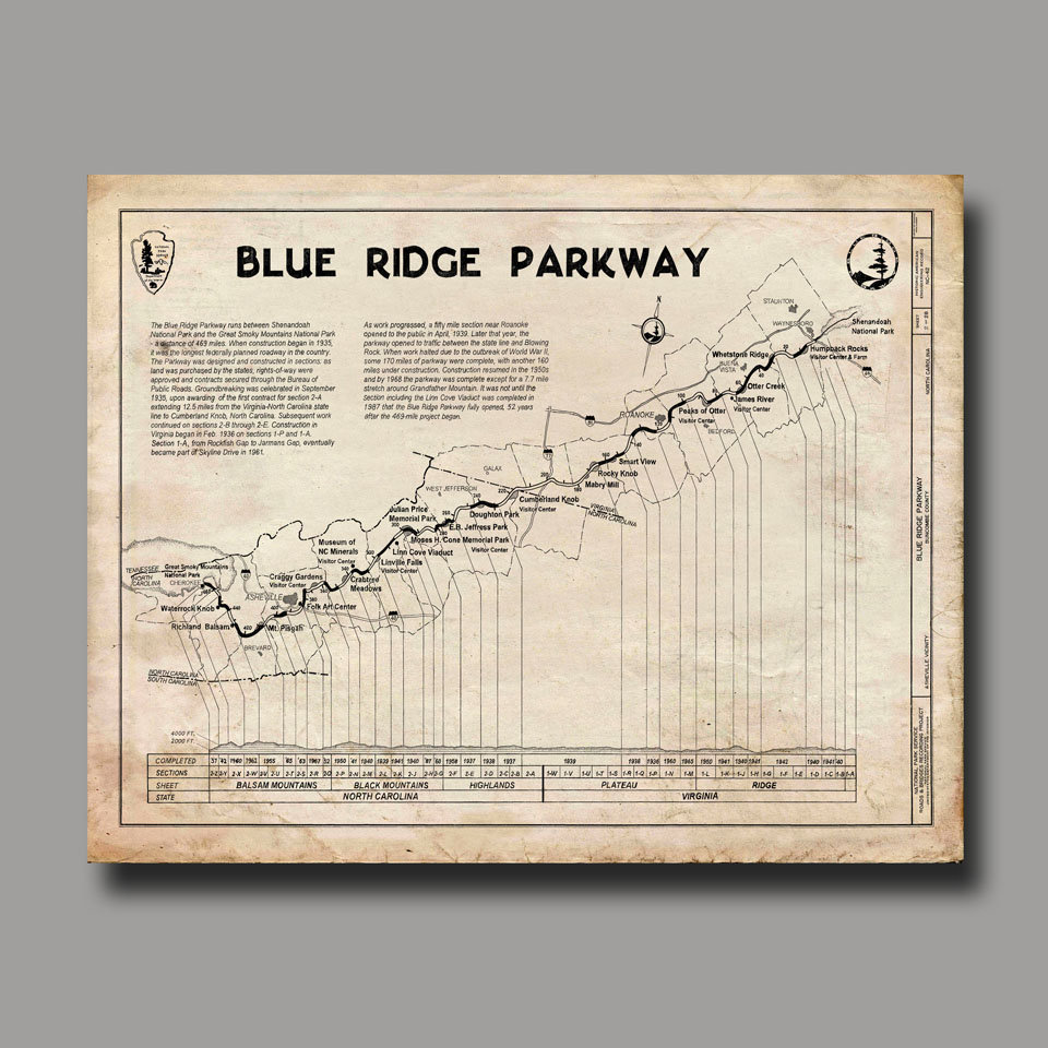 Blue Ridge Parkway Mountains Highway Map Print | Etsy