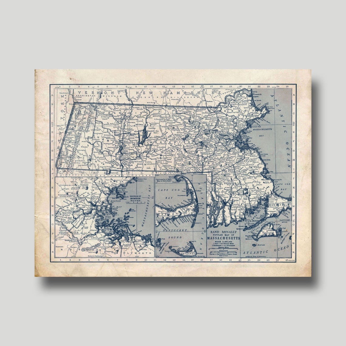 Massachusetts Map State Map Vintage Blueprint Print | Etsy