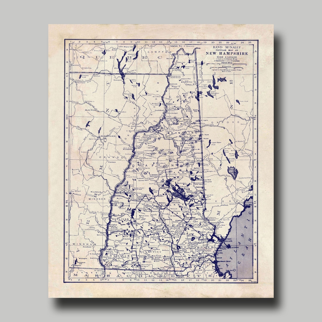 New Hampshire - Map - State Map - Vintage - Blueprint - Print - Poster ...