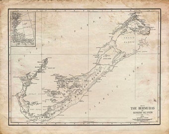 Bermuda Map Print / 1950 Map Poster New Printing 16x8 20x10 30x15 40x20 ...