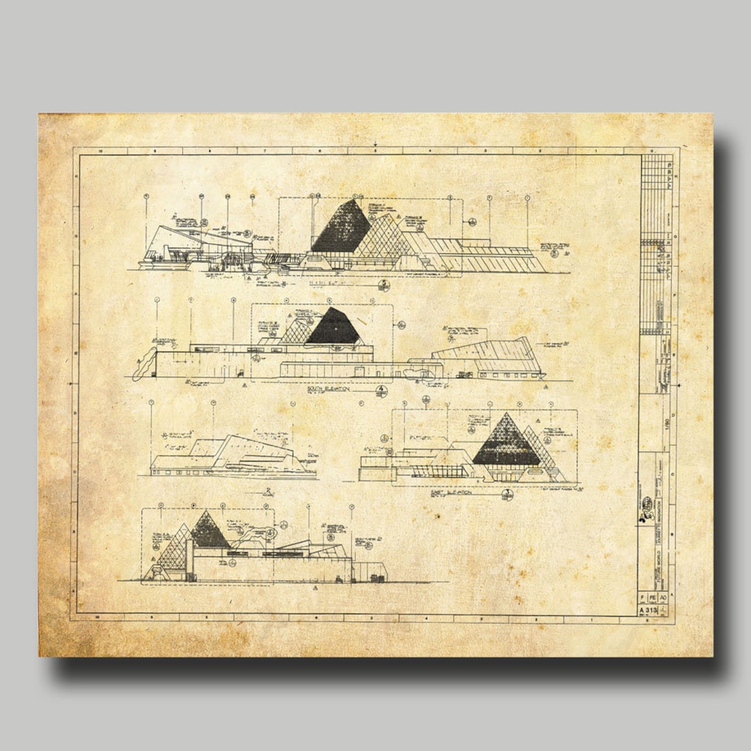 Disney World - Epcot - Blueprint - Vintage - Sepia - Black Ink - Print ...
