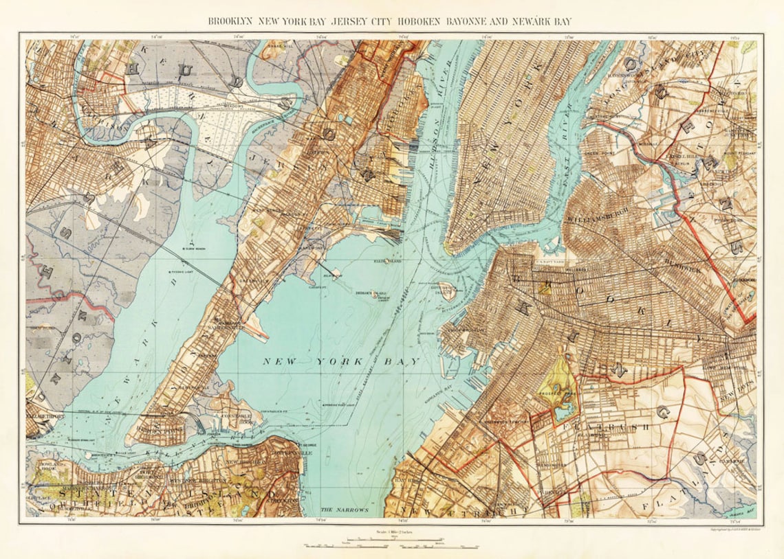 New York Map New York Harbor Newark Brooklyn Bronx - Etsy